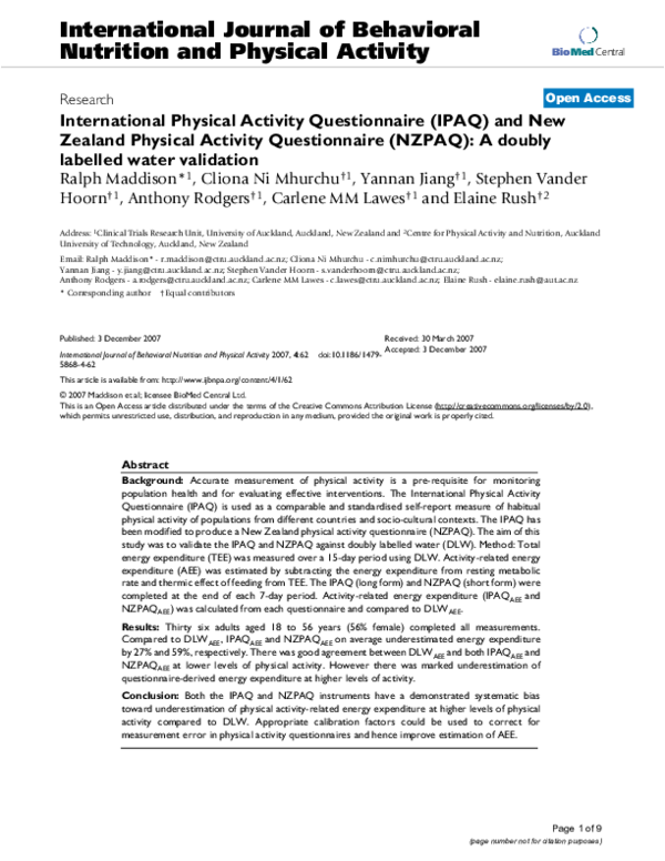 (PDF) International Physical Activity Questionnaire (IPAQ) and New Zealand Physical Activity ...
