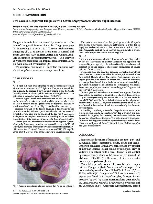 (PDF) Two Cases of Imported Tungiasis with Severe Staphylococcus aureus ...