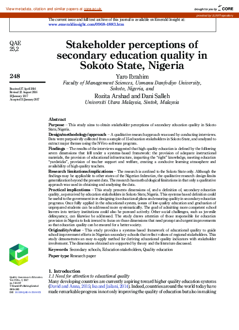 (PDF) Stakeholder perceptions of secondary education quality in Sokoto State, Nigeria