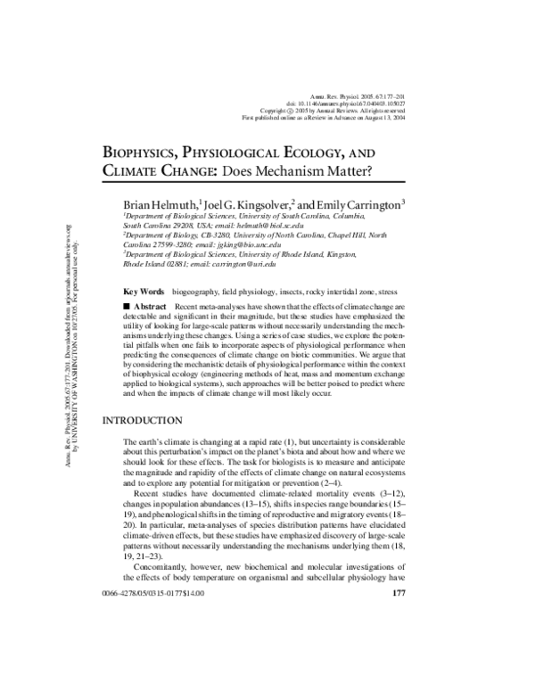 (PDF) BIOPHYSICS, PHYSIOLOGICAL ECOLOGY, AND CLIMATE CHANGE: Does ...