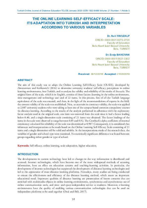 (PDF) The Online Learning Self-Efficacy Scale: Its Adaptation into Turkish and Interpretation ...