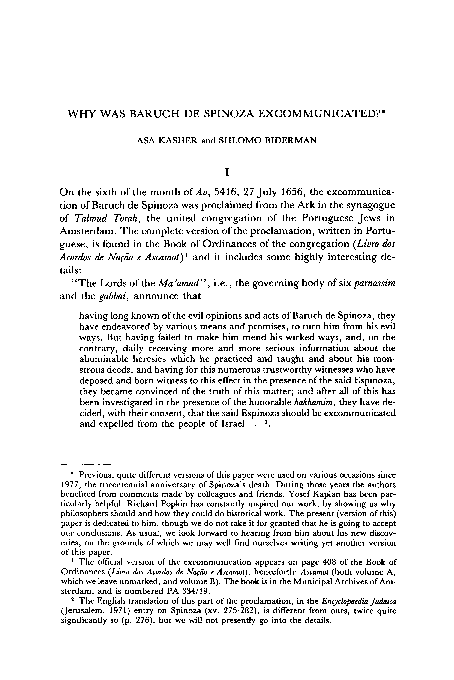(PDF) Asa Kasher and Shlomo Biderman, “Why was Baruch de Spinoza ...