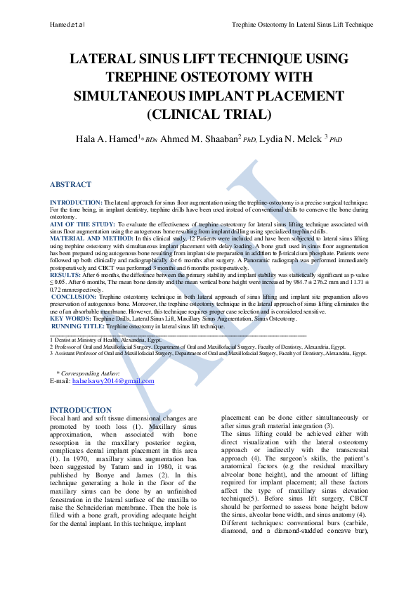(PDF) Lateral Sinus Lift Technique Using Trephine Osteotomy with ...