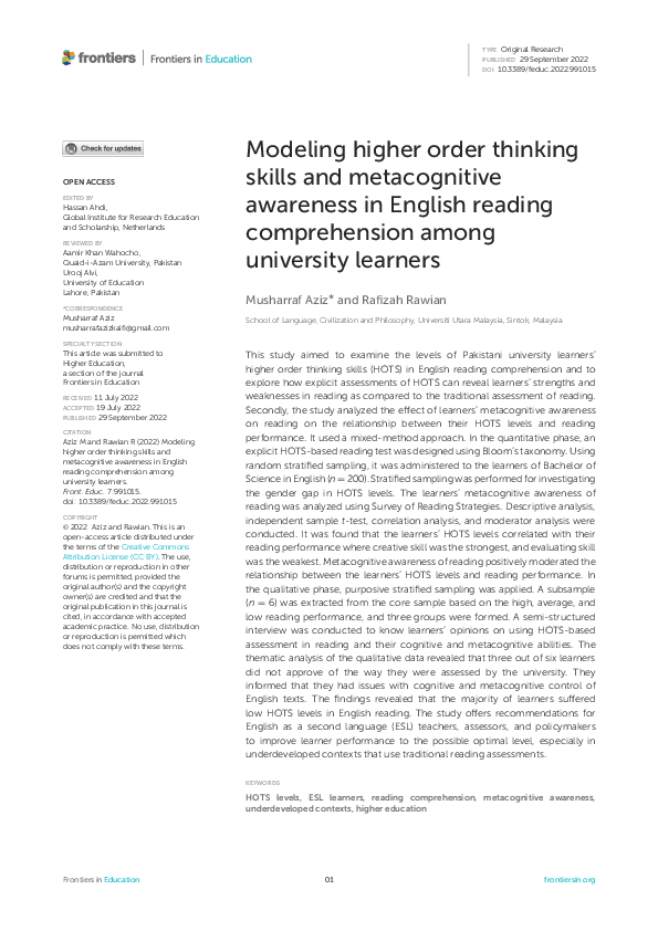 (PDF) Modeling higher order thinking skills and metacognitive awareness in English reading ...