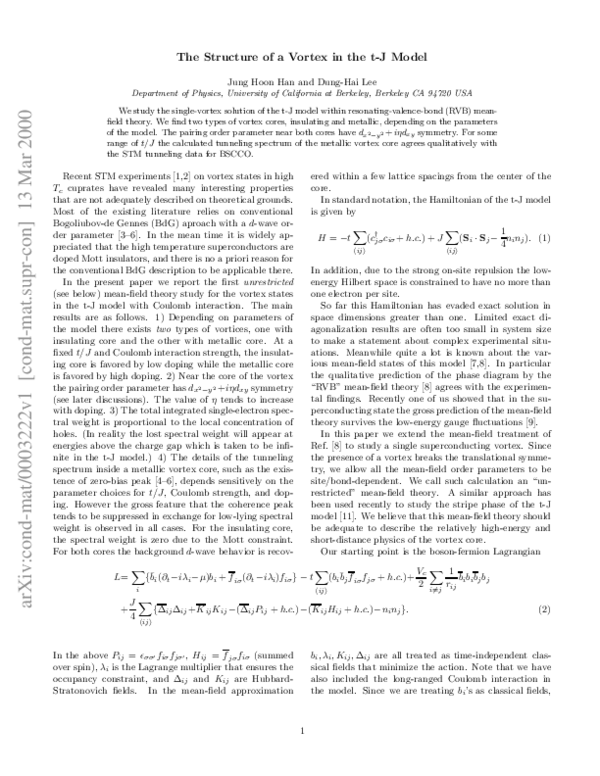 (PDF) Structure of a Vortex in the t-J Model