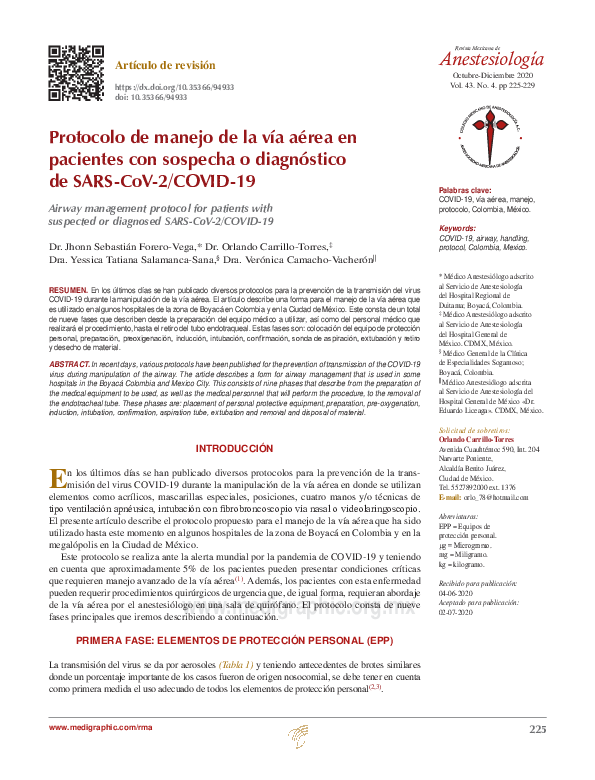 (PDF) Protocolo de manejo de la vía aérea en pacientes con sospecha o ...