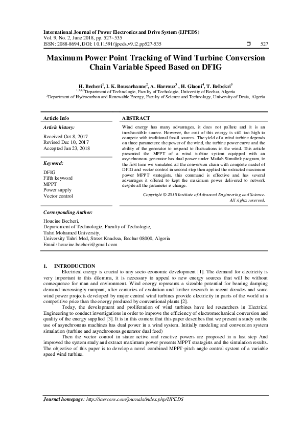 (PDF) Maximum Power Point Tracking of Wind Turbine Conversion Chain Variable Speed Based on DFIG ...