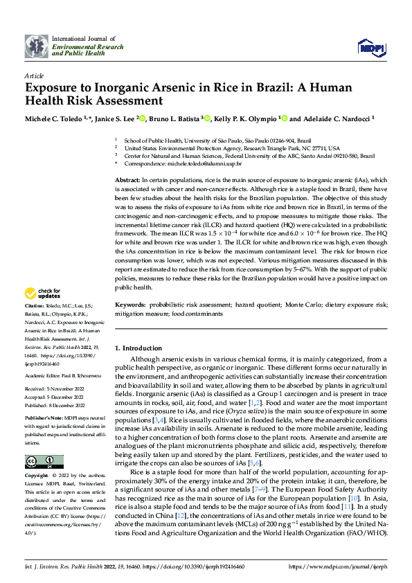 (PDF) Exposure to Inorganic Arsenic in Rice in Brazil: A Human Health Risk Assessment