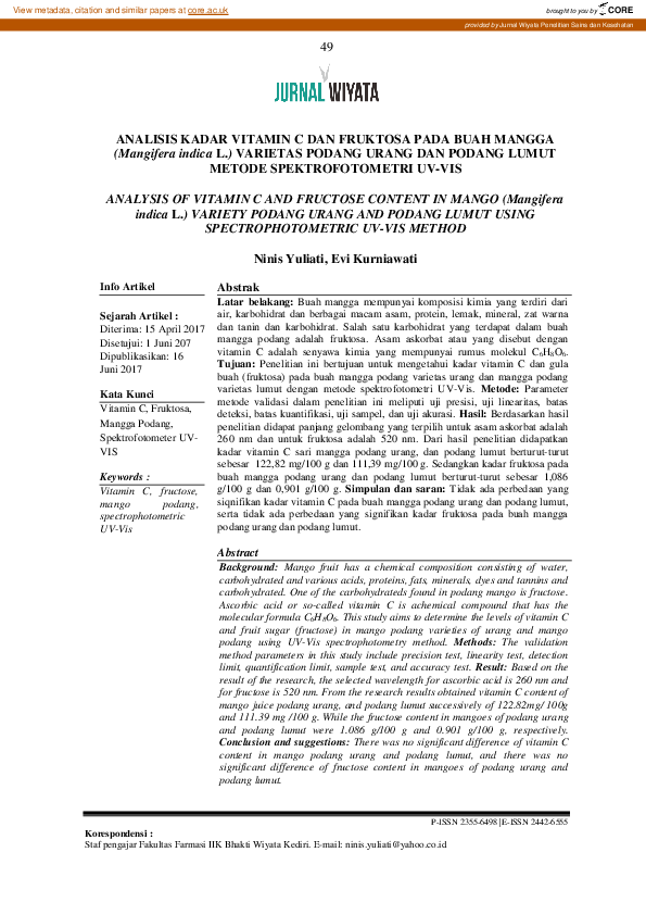 (PDF) ANALISIS KADAR VITAMIN C DAN FRUKTOSA PADA BUAH MANGGA (Mangifera ...