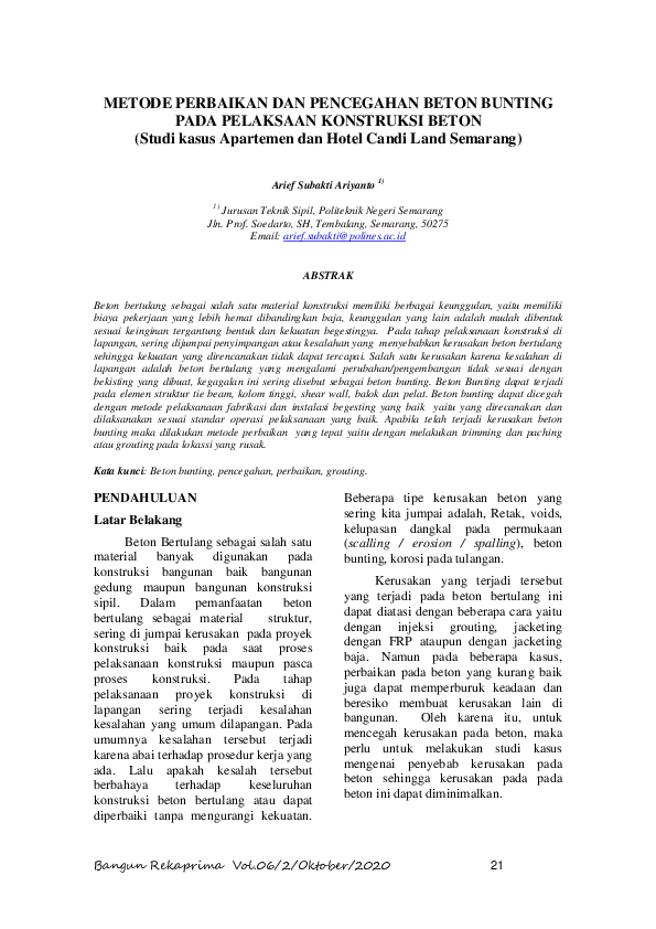 (PDF) METODE PERBAIKAN DAN PENCEGAHAN BETON BUNTING PADA PELAKSAAN KONSTRUKSI BETON (Studi kasus ...