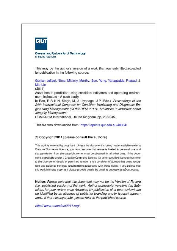 (PDF) Asset health prediction using condition indicators and operating ...
