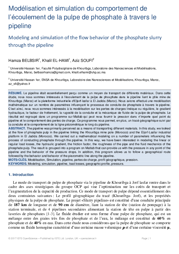 (PDF) Modélisation et simulation du comportement de l’écoulement de la pulpe de phosphate à ...