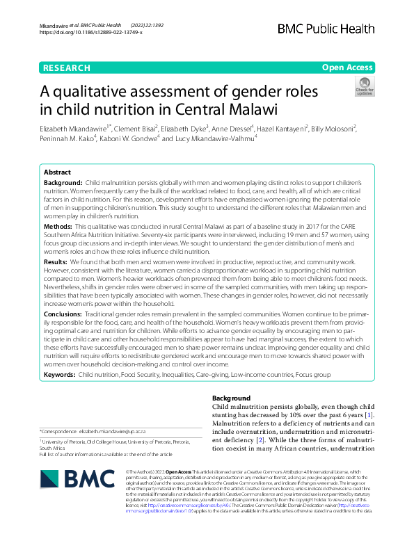 (PDF) A qualitative assessment of gender roles in child nutrition in ...