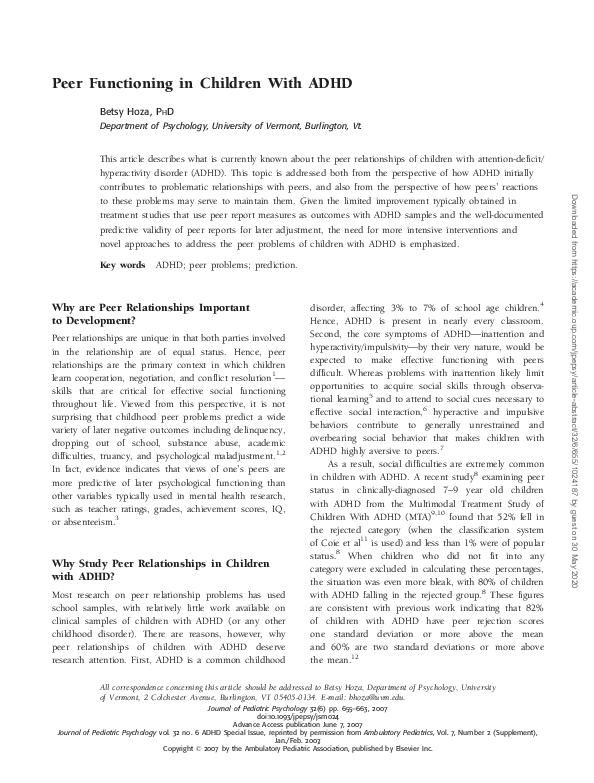 (PDF) Peer Functioning in Children With ADHD