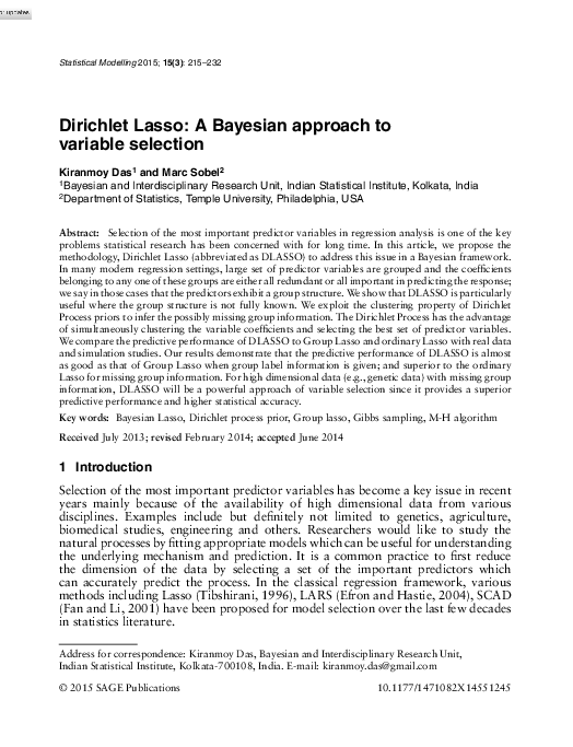 (PDF) Bayesian Dirichlet Lasso for Effective Variable Selection