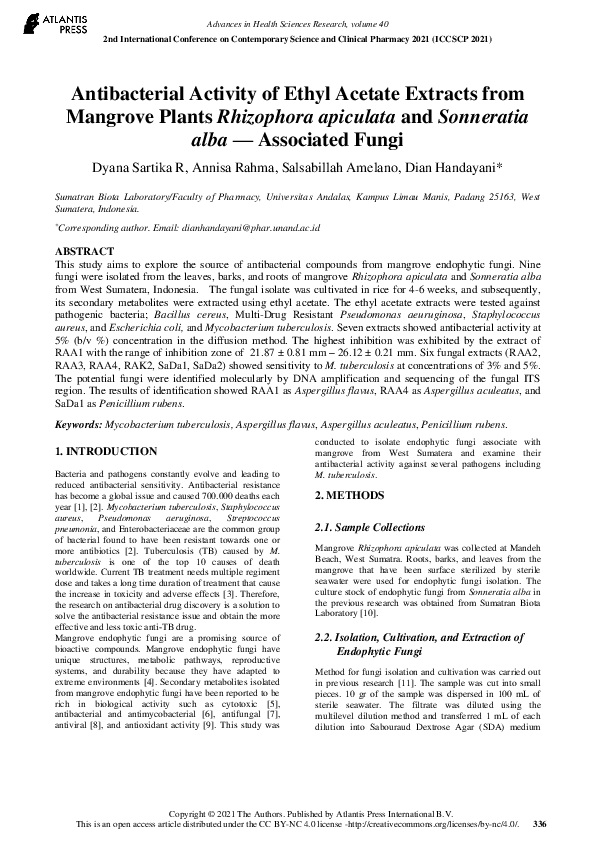 (PDF) Antibacterial Activity of Ethyl Acetate Extracts from Mangrove Plants Rhizophora apiculata ...
