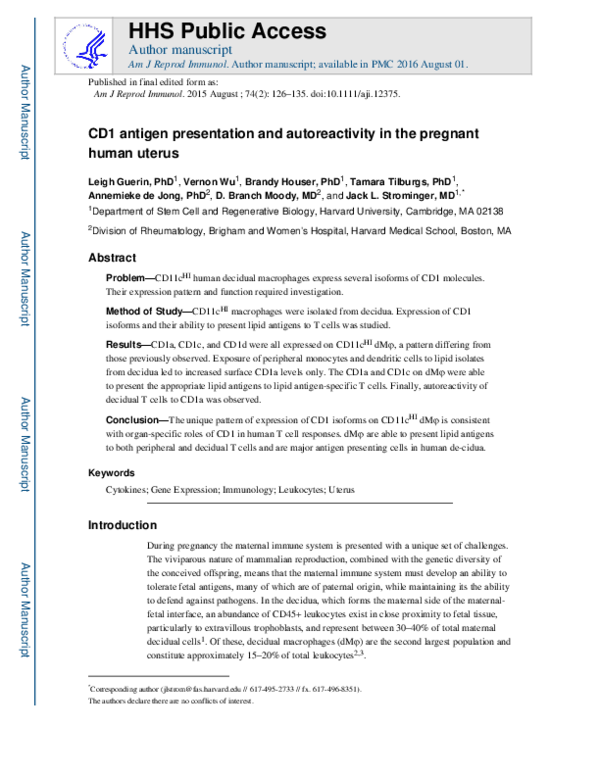 (PDF) CD1 Antigen Presentation and Autoreactivity in the Pregnant Human ...
