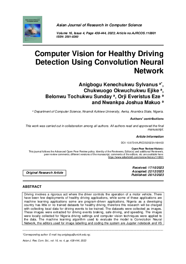 (PDF) Computer Vision for Healthy Driving Detection Using Convolution Neural Network