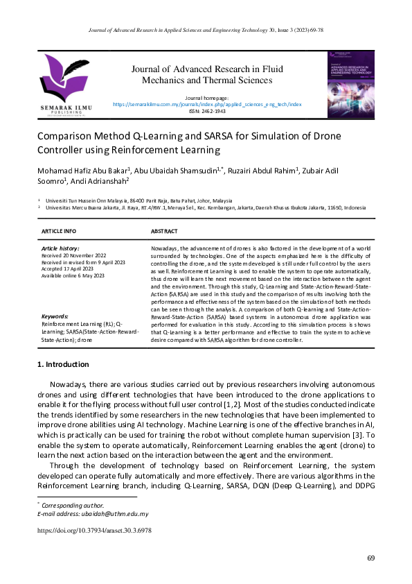 (PDF) Comparison Method Q-Learning and SARSA for Simulation of Drone Controller using ...