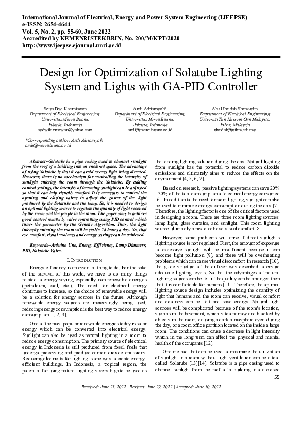 (PDF) Design for Optimization of Solatube Lighting System and Lights with GA-PID Controller