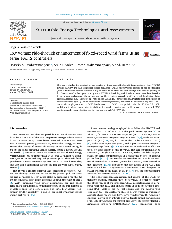 (PDF) Low voltage ride-through enhancement of fixed-speed wind farms using series FACTS controllers