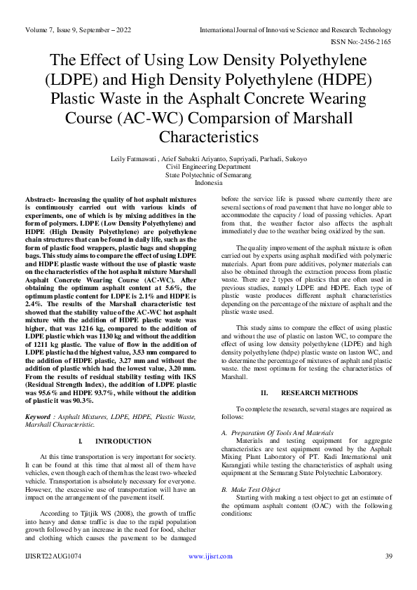(PDF) The Effect of Using Low Density Polyethylene (LDPE) and High ...
