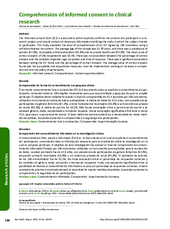 (PDF) Comprehension of informed consent in clinical research