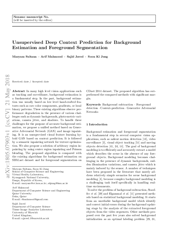 (PDF) Unsupervised Deep Context Prediction for Background Foreground Separation