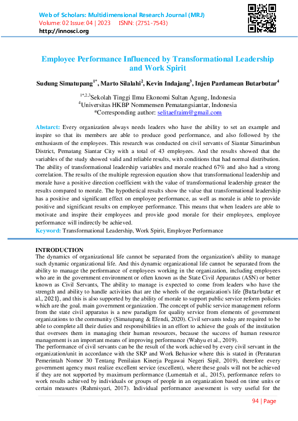 (PDF) Employee Performance Influenced by Transformational Leadership and Work Spirit