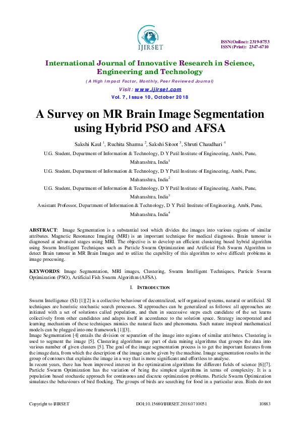 (PDF) A Survey on MR Brain Image Segmentation using Hybrid PSO and AFSA | Sakshi Sitoot ...