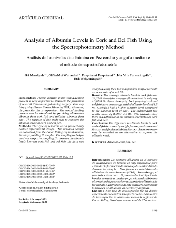 (PDF) Analysis of Albumin Levels in Cork and Eel Fish Using the ...