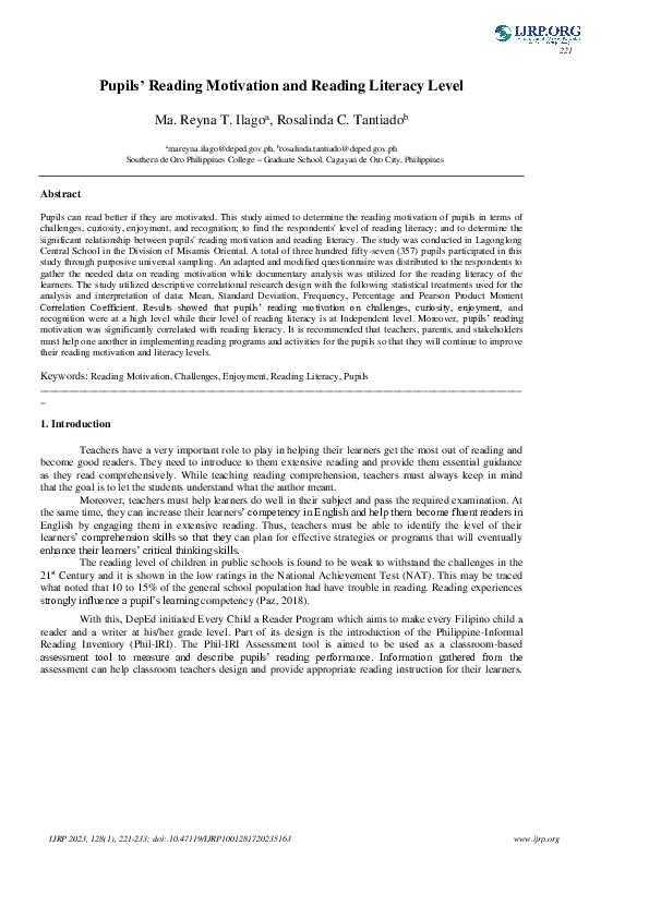 (PDF) Pupils’ Reading Motivation and Reading Literacy Level