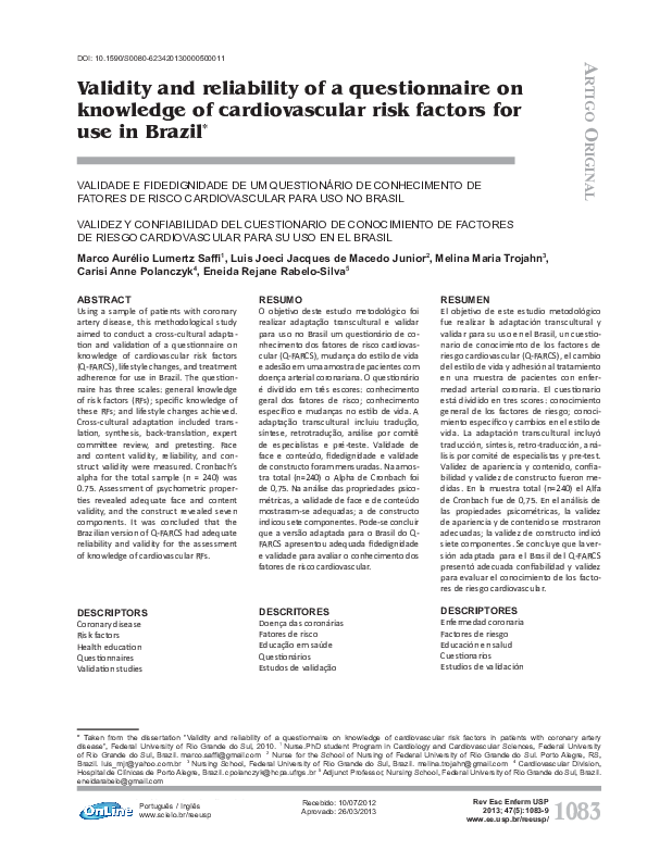 (PDF) Validity and reliability of a questionnaire on knowledge of cardiovascular risk factors ...