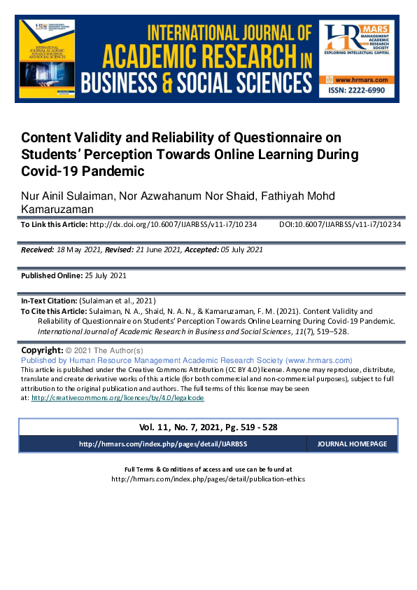 (PDF) Content Validity and Reliability of Questionnaire on Students’ Perception Towards Online ...