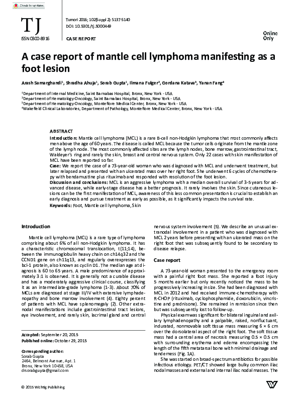 (PDF) A case report of mantle cell lymphoma manifesting as a foot lesion