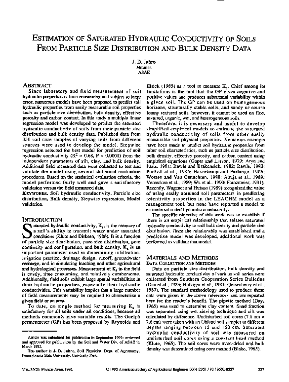 Pdf Estimation Of Saturated Hydraulic Conductivity On The Basis Of