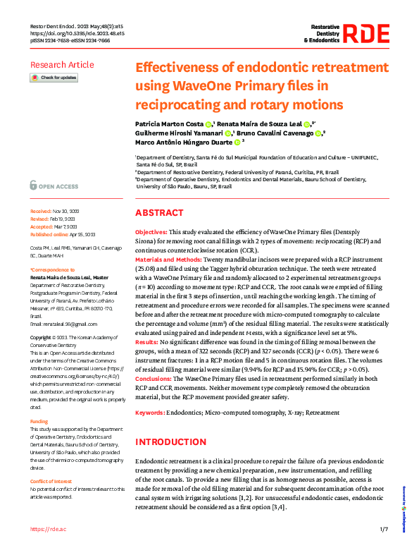 (PDF) Effectiveness of endodontic retreatment using WaveOne Primary ...