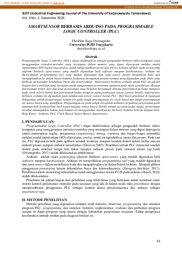 Pdf Smartsensor Berbasis Arduino Pada Programmable Logic Controller
