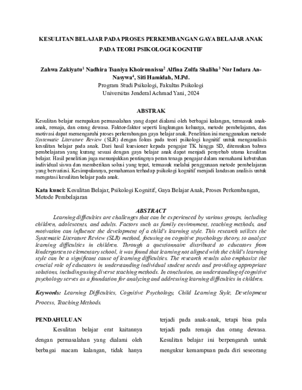 (PDF) KESULITAN BELAJAR PADA PROSES PERKEMBANGAN GAYA BELAJAR ANAK PADA ... (PDF) KESULITAN BELAJAR PADA PROSES PERKEMBANGAN GAYA BELAJAR ANAK PADA ...
