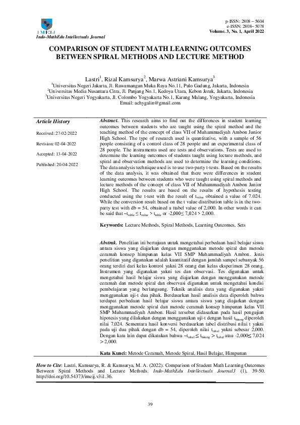 (PDF) Comparison of Student Math Learning Outcomes Between Spiral Methods and Lecture Methods ...