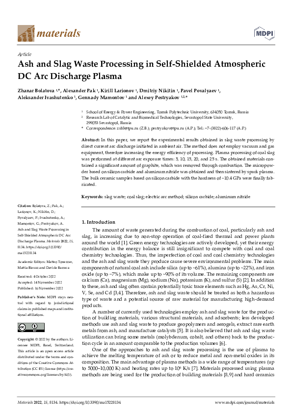 (PDF) Ash and Slag Waste Processing in Self-Shielded Atmospheric DC Arc ...