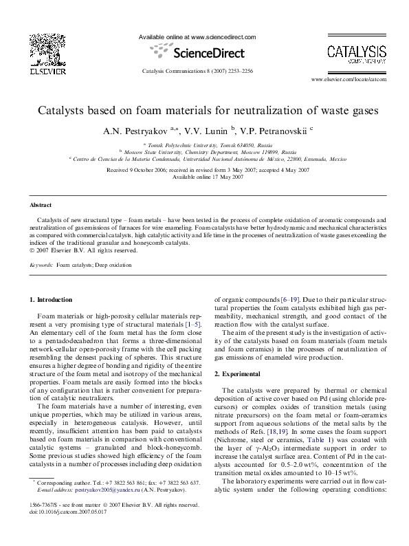 (PDF) Catalysts based on foam materials for neutralization of waste gases