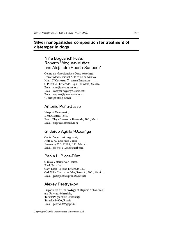 (PDF) Silver nanoparticles composition for treatment of distemper in dogs