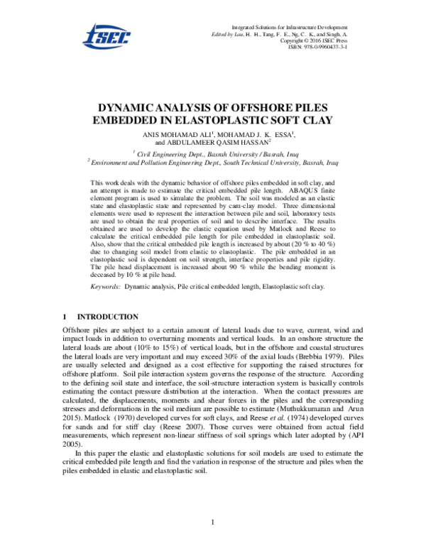 (PDF) Dynamic Analysis of Offshore Piles Embedded in Elastoplastic Soft Clay