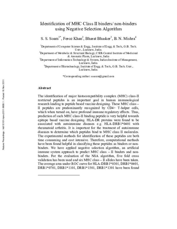 (PDF) Identification of MHC Class II Binders/ Non-binders using Negative Selection Algorithm