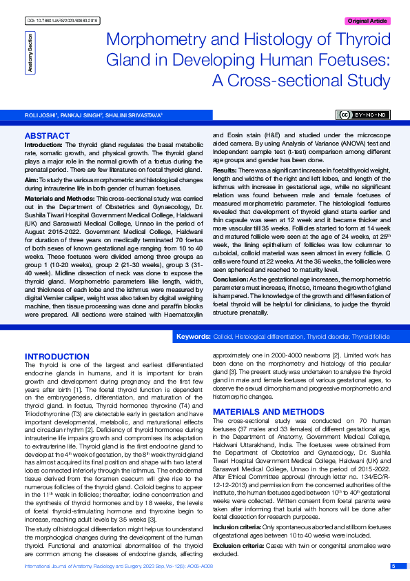 (PDF) Morphometry and Histology of Thyroid Gland in Developing Human Foetuses: A Cross-sectional ...