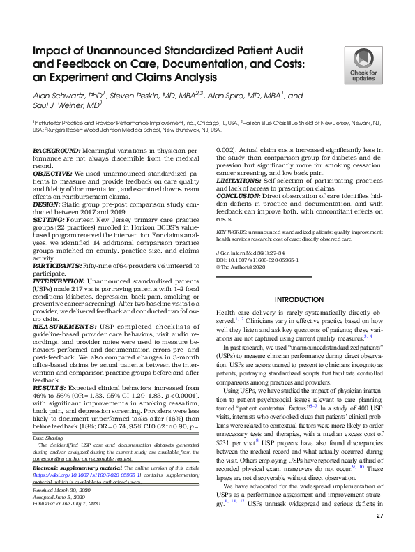 (PDF) Impact of Unannounced Standardized Patient Audit and Feedback on ...
