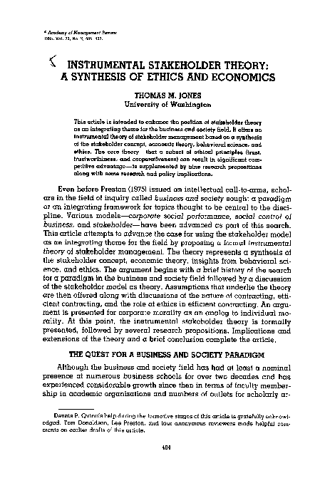 (PDF) Instrumental Stakeholder Theory: A Synthesis of Ethics and Economics