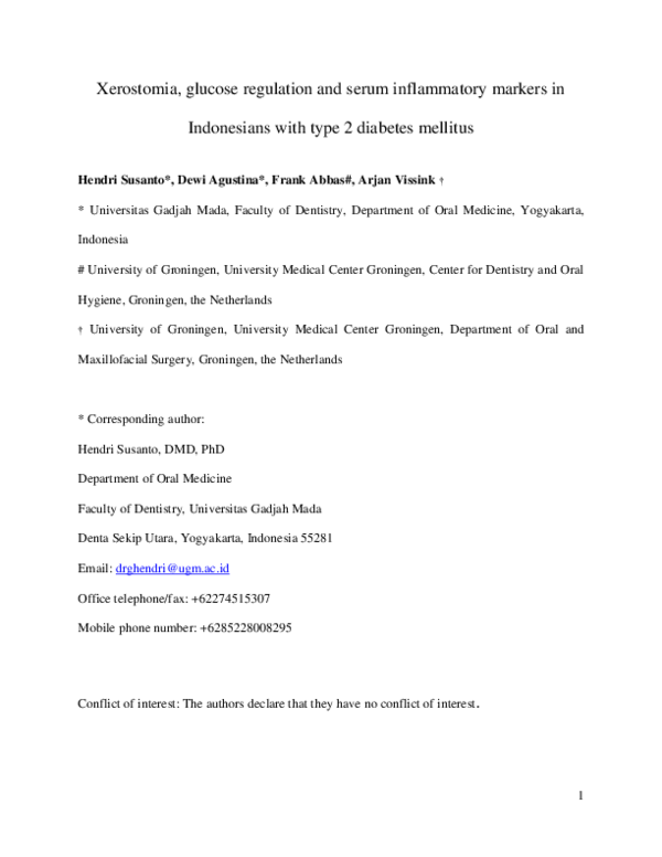 (PDF) Xerostomia, Glucose Regulation and Serum Inflammatory Markers in Indonesians with Type 2 ...