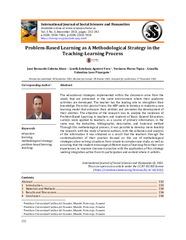 (PDF) Problem-based learning as a methodological strategy in the teaching-learning process